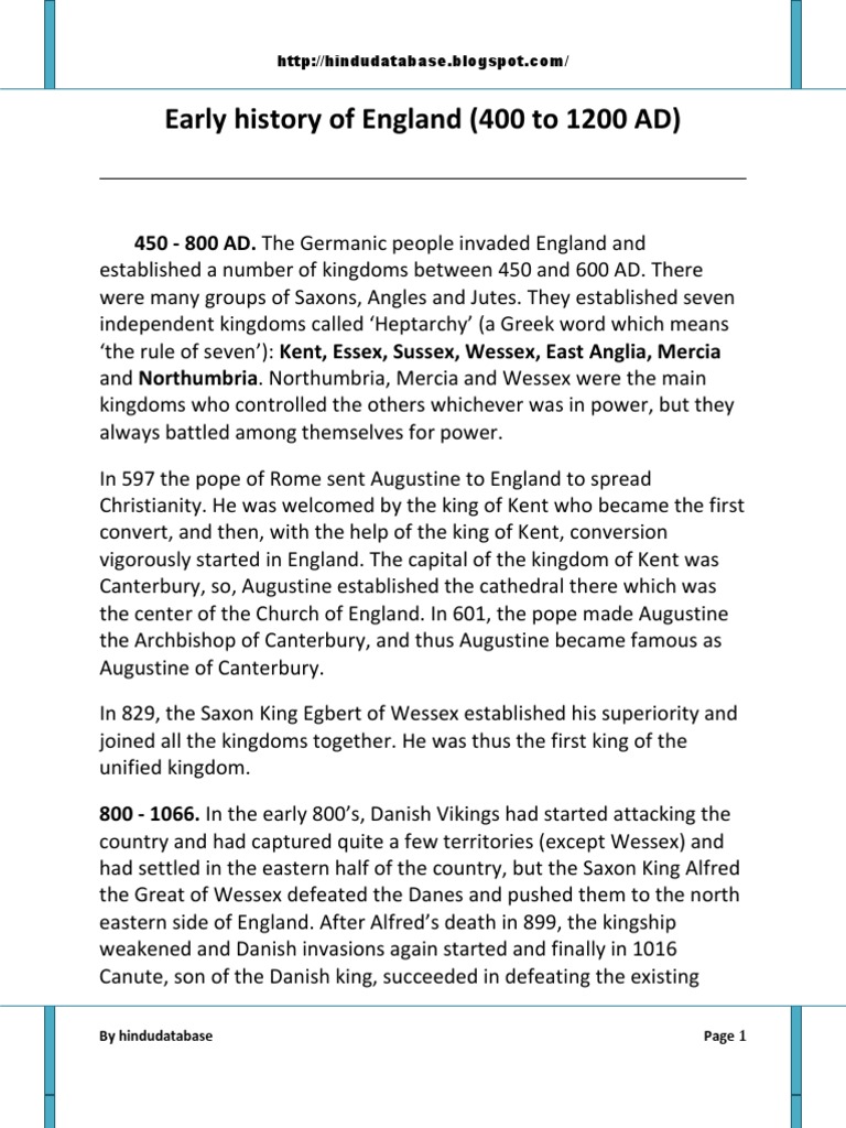 Early History of England (400 To 1200 AD) | PDF | Wessex | William The ...