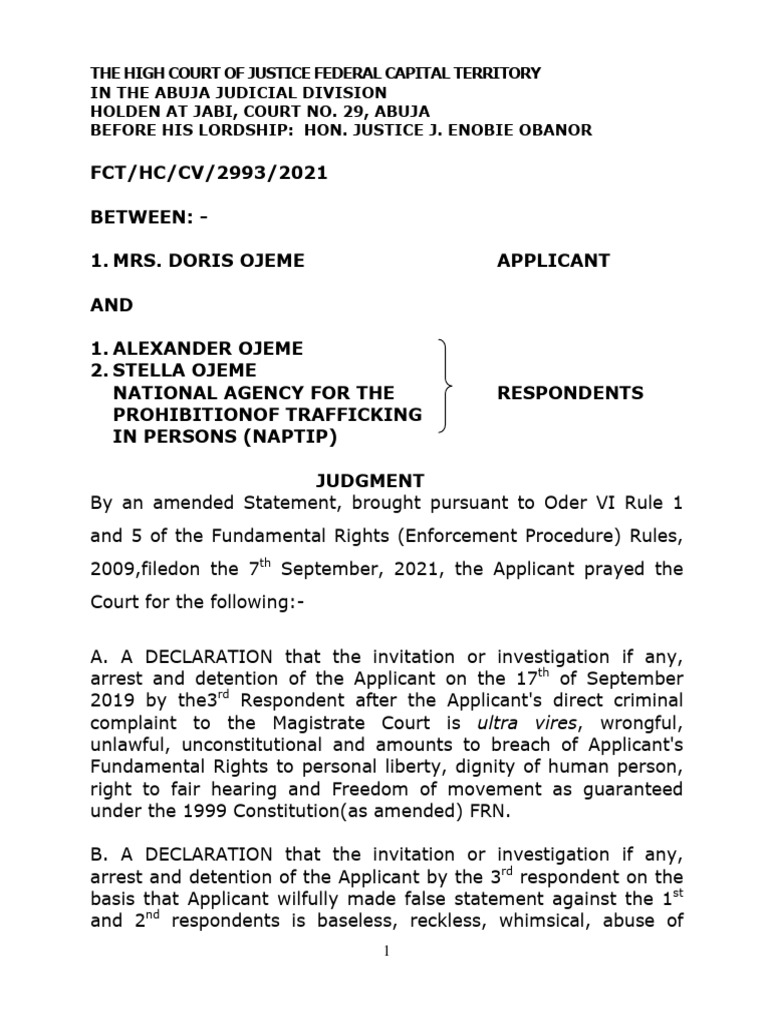 MRS Doris Ojeme V.S Alexander Ojeme 1or Fundamental Right | PDF