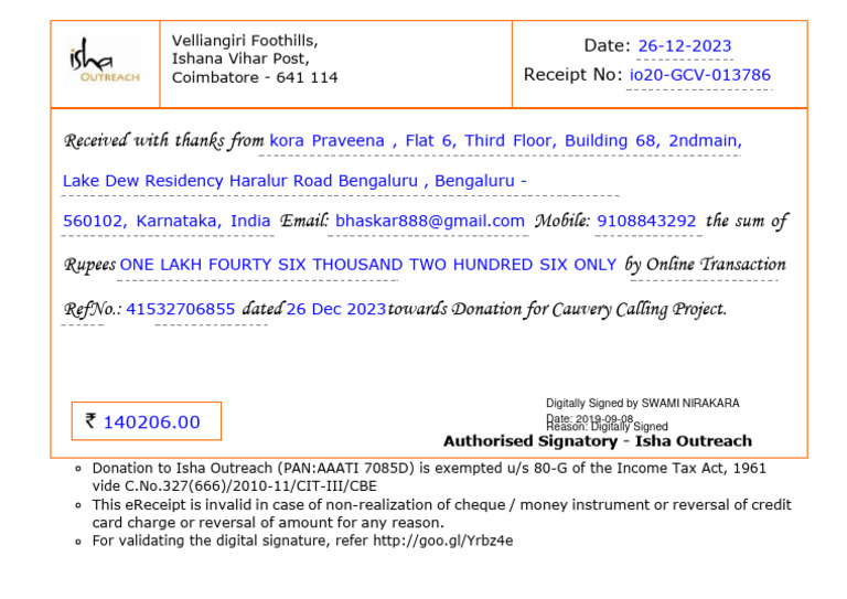 Isha Donation Receipt 22 | PDF