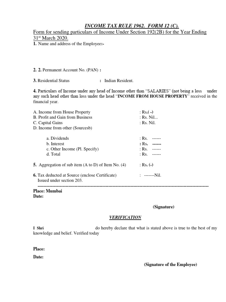 Form For Sending Particulars of Income Under Section 192 (2B) For The ...