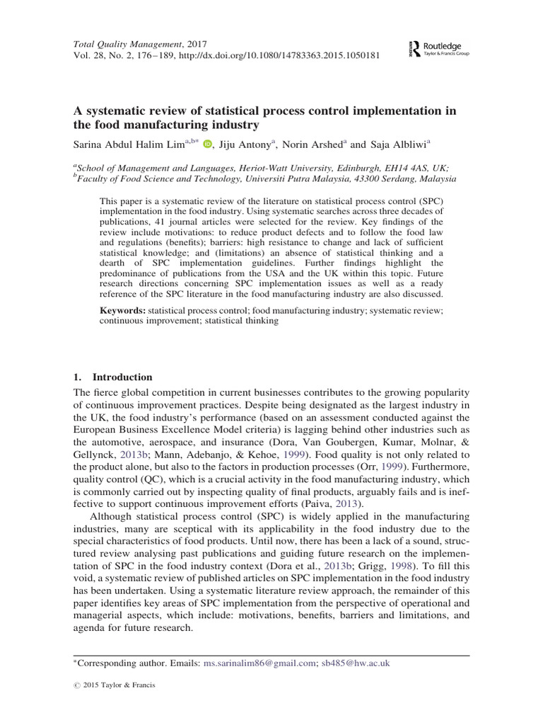 A Systematic Review of Statistical Process Control Implementation in The Food Manufacturing ...