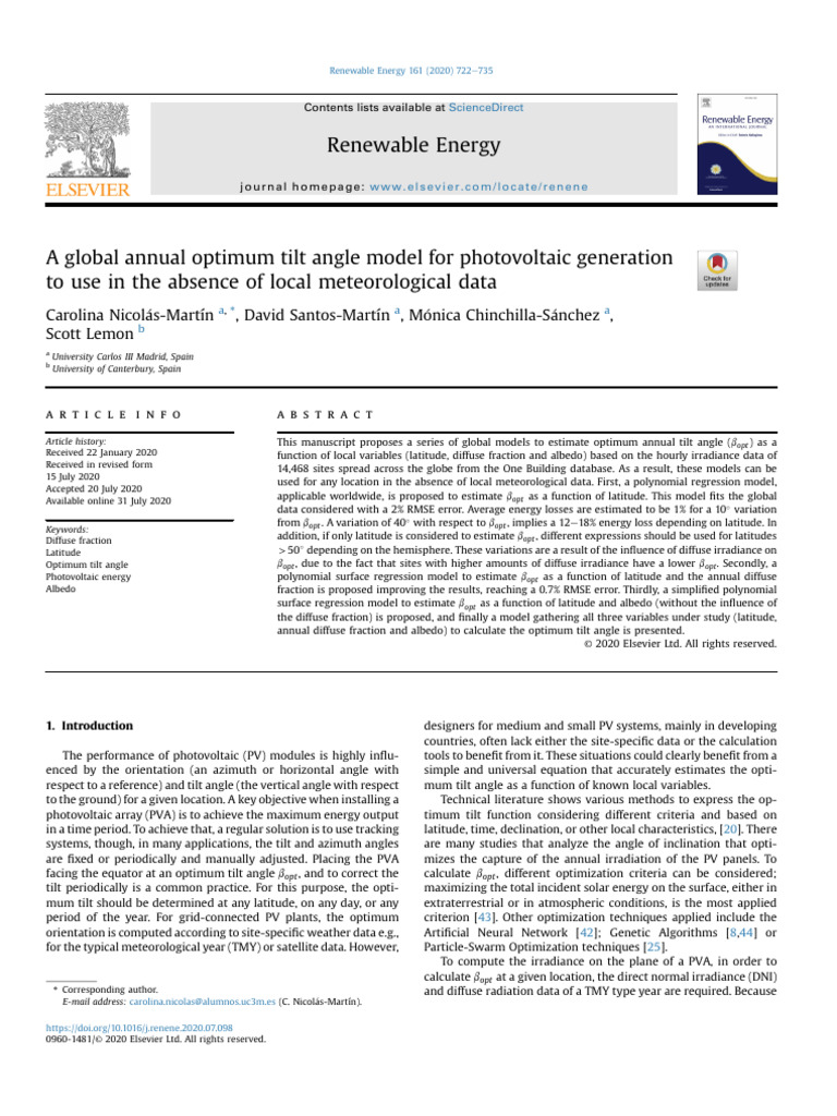 A Global Annual Optimum Tilt Angle Model For Photovoltaic Generation To ...