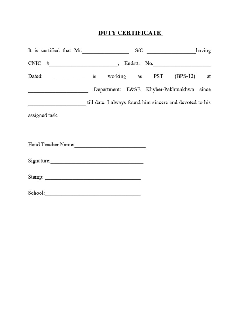 Duty Service Certificate | PDF