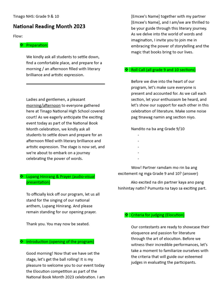 Emcee Script for Reading Month Event | PDF