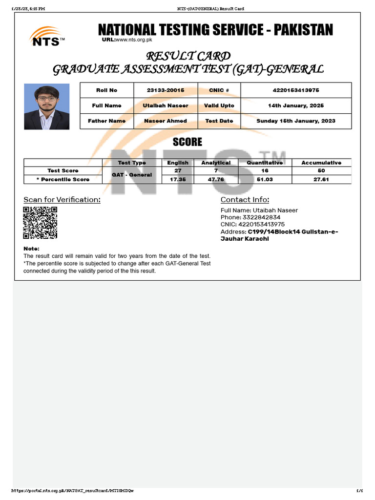 GAT-General Result Card for Utaibah Naseer | PDF