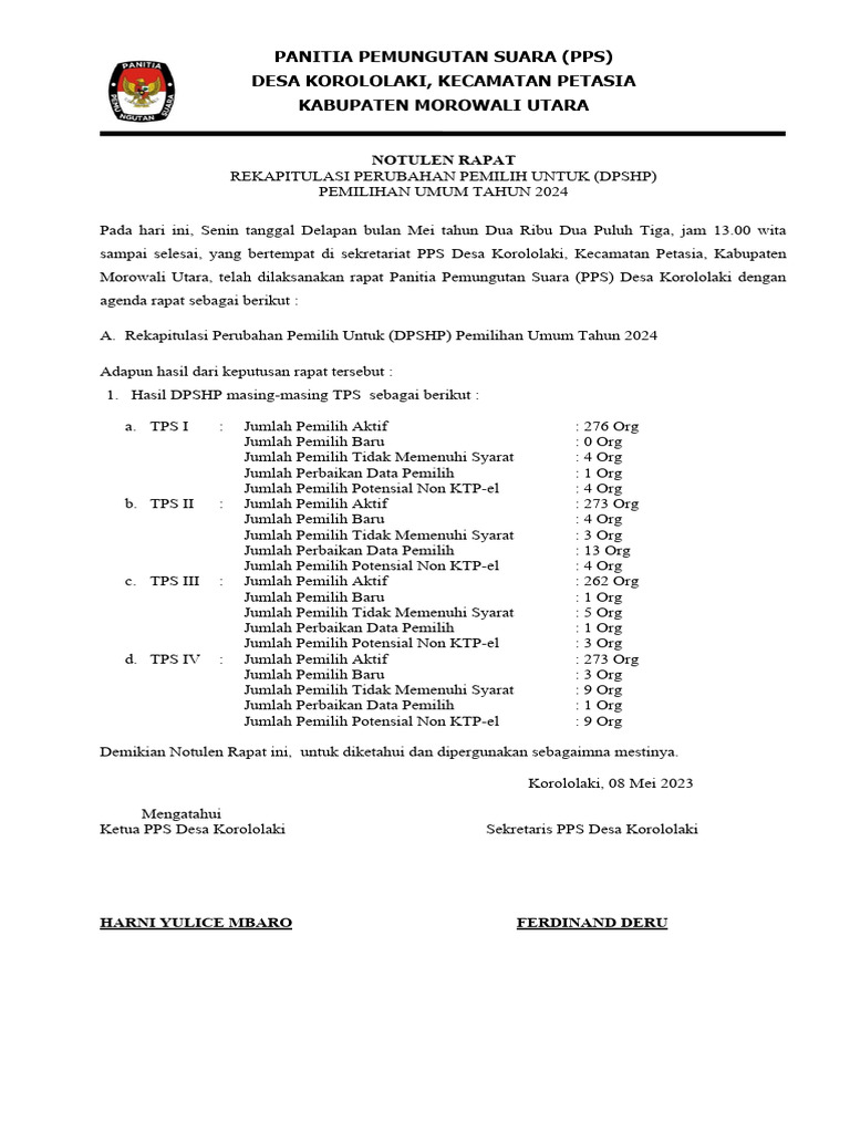 Notulensi Rapat Pleno PPS 1 | PDF