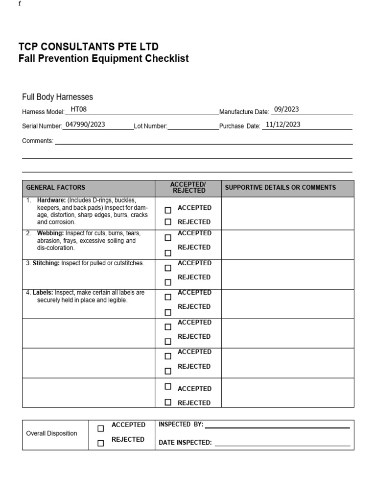 Fall Prevention Equipment Checklist HARNESS 1 | PDF | Screw | Rope
