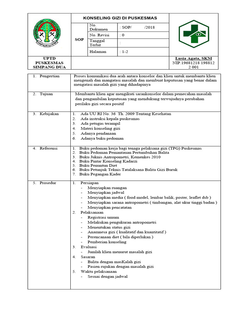 SOP KONSELING GIZI (Ok) | PDF