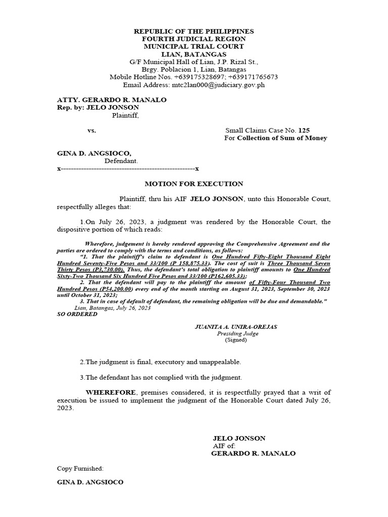 Writ of Execution - Angsioco | PDF | Judgment (Law) | Legal Concepts Writ of Execution - Angsioco | PDF | Judgment (Law) | Legal Concepts
