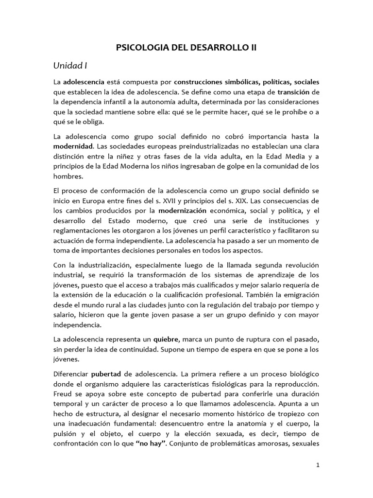 RESUMEN FINAL UNIDAD I - Psicología Del Desarrollo 2 | PDF | Carné de identidad | Libido
