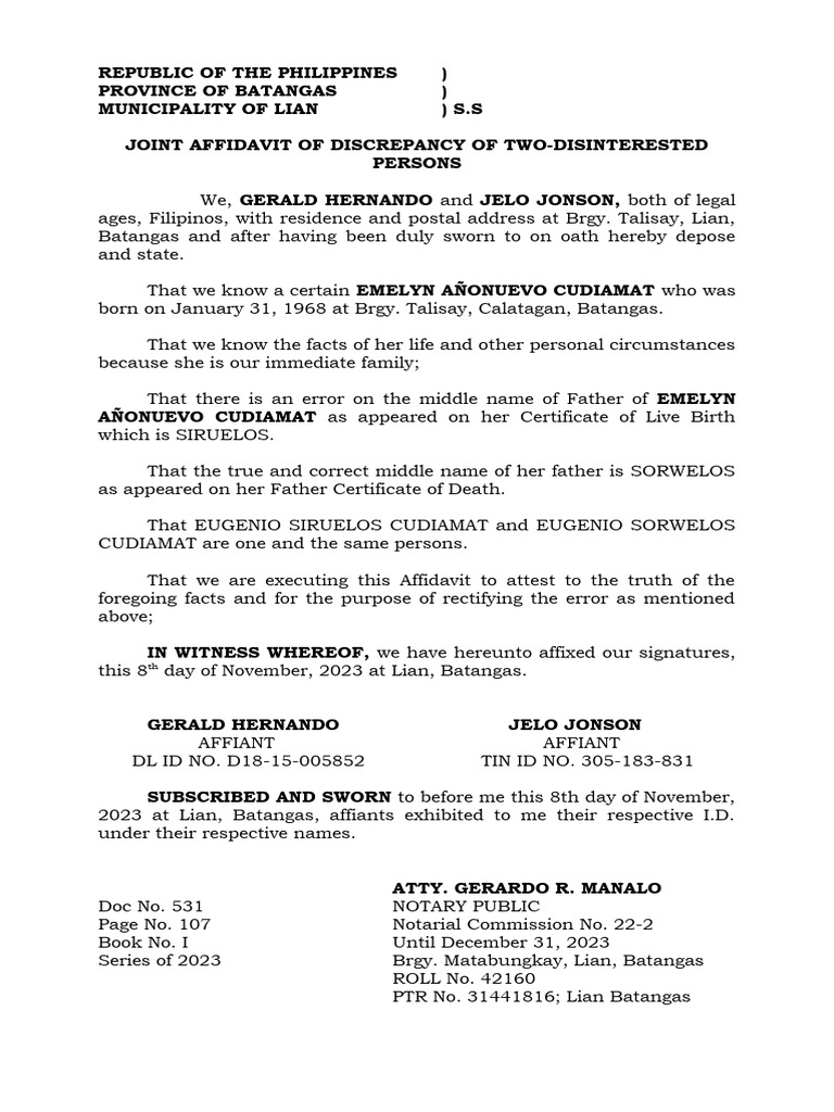 Joint Affidavit of Discrepancy of Two-Disinterested Persons-Emalyn ...