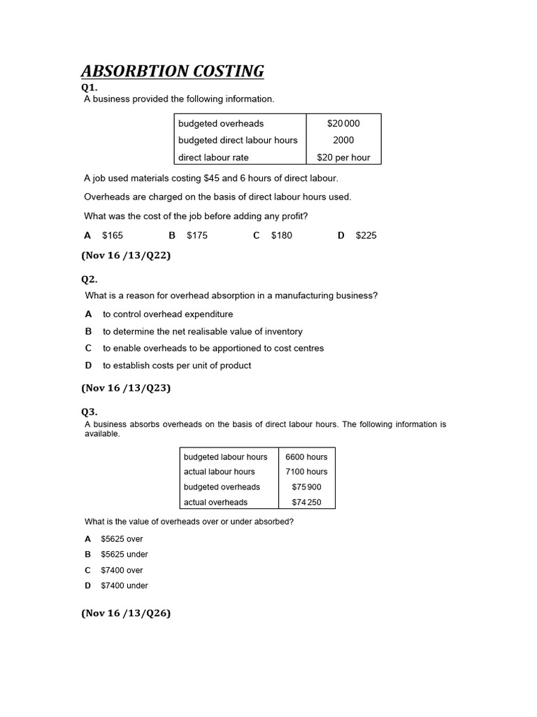 Absorbtion Costing MCQ | PDF | Cost | Business Process