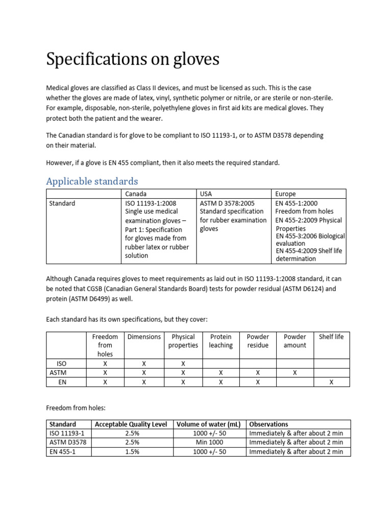 Medical Gloves Specifications Overview | PDF | Natural Rubber | Chemistry