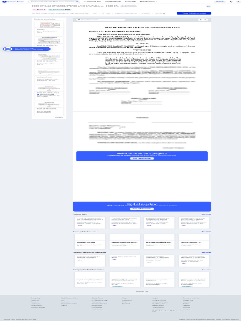Want To Read All 2 Pages?: Deed of Sale of Unregistered Land Sample - Docx - Deed Of.. | PDF