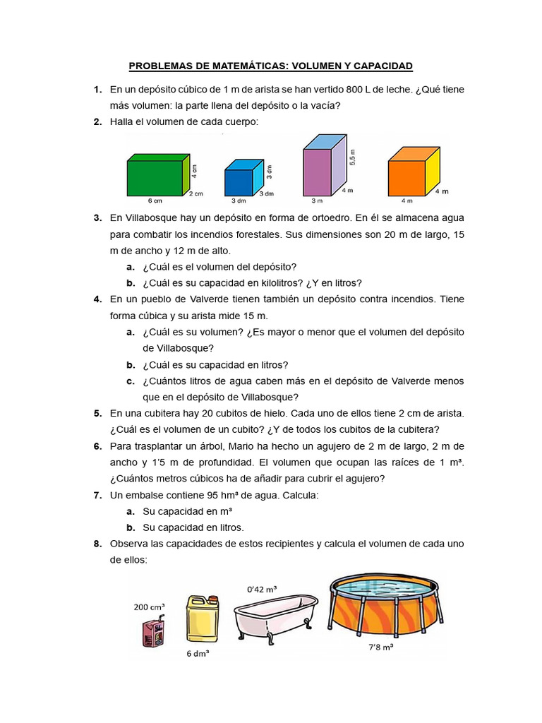 Problemas de Volumen y Capacidad 6º Primaria | PDF | Litro | Volumen