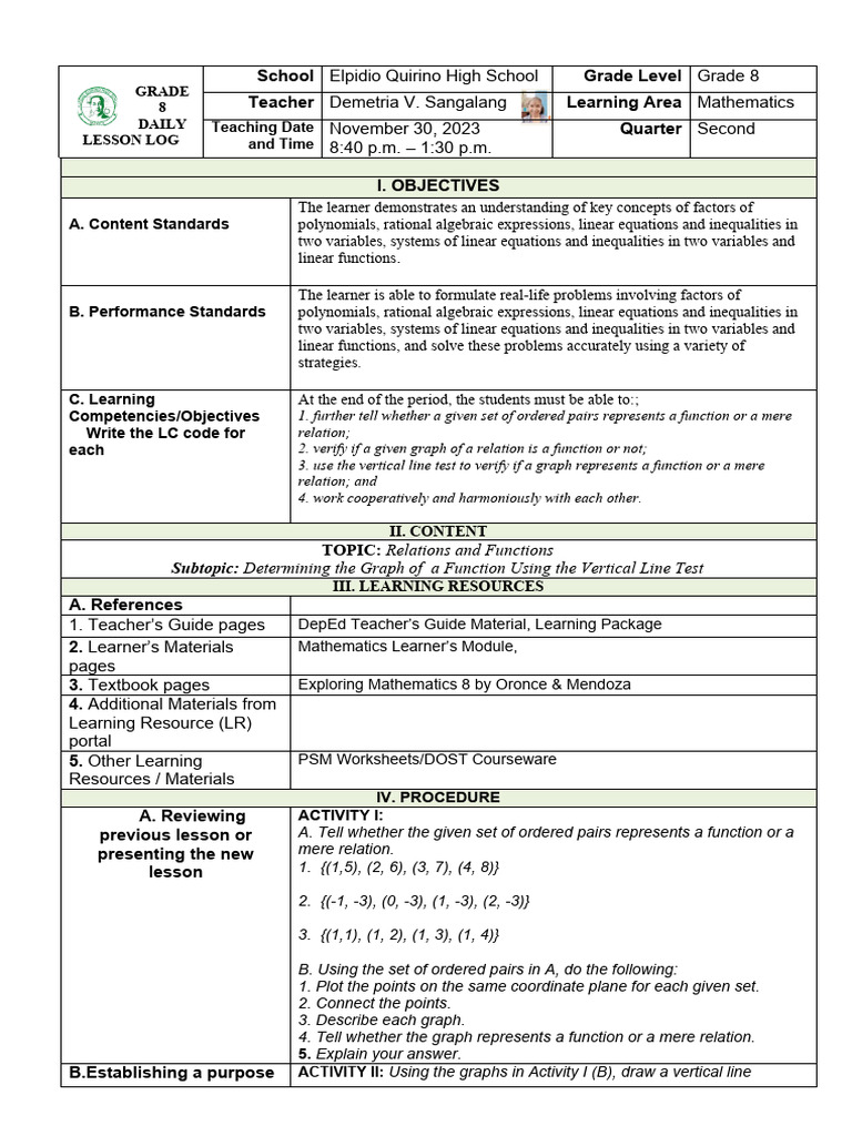 For Mam Fe Q2 052 DLP Relations and Functions Graph of A Function | PDF | Equations | Mathematics