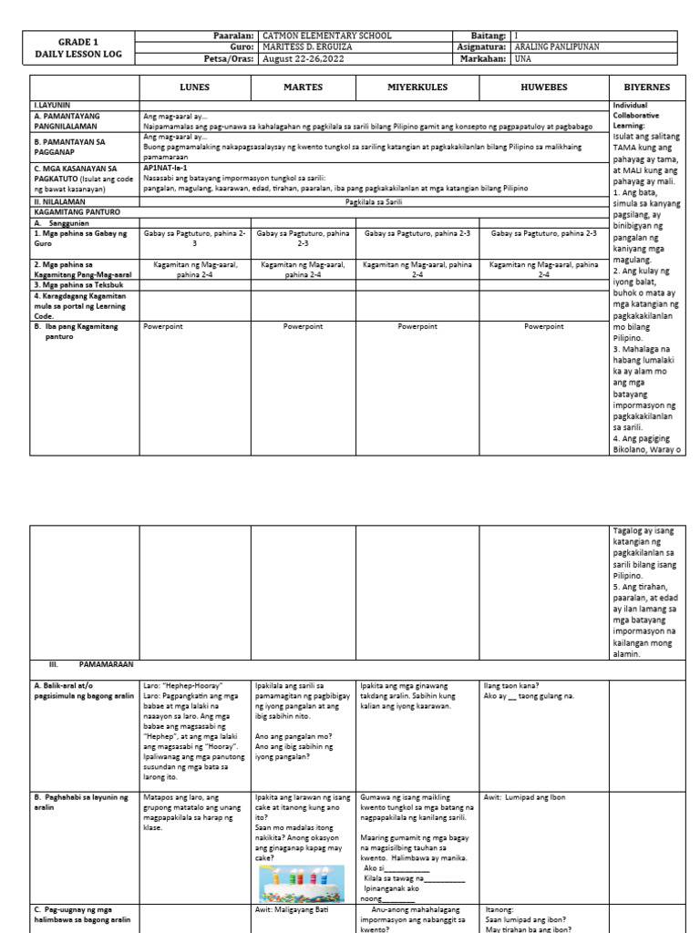 DLL - Araling Panlipunan 1 - Q1 - W1 | PDF