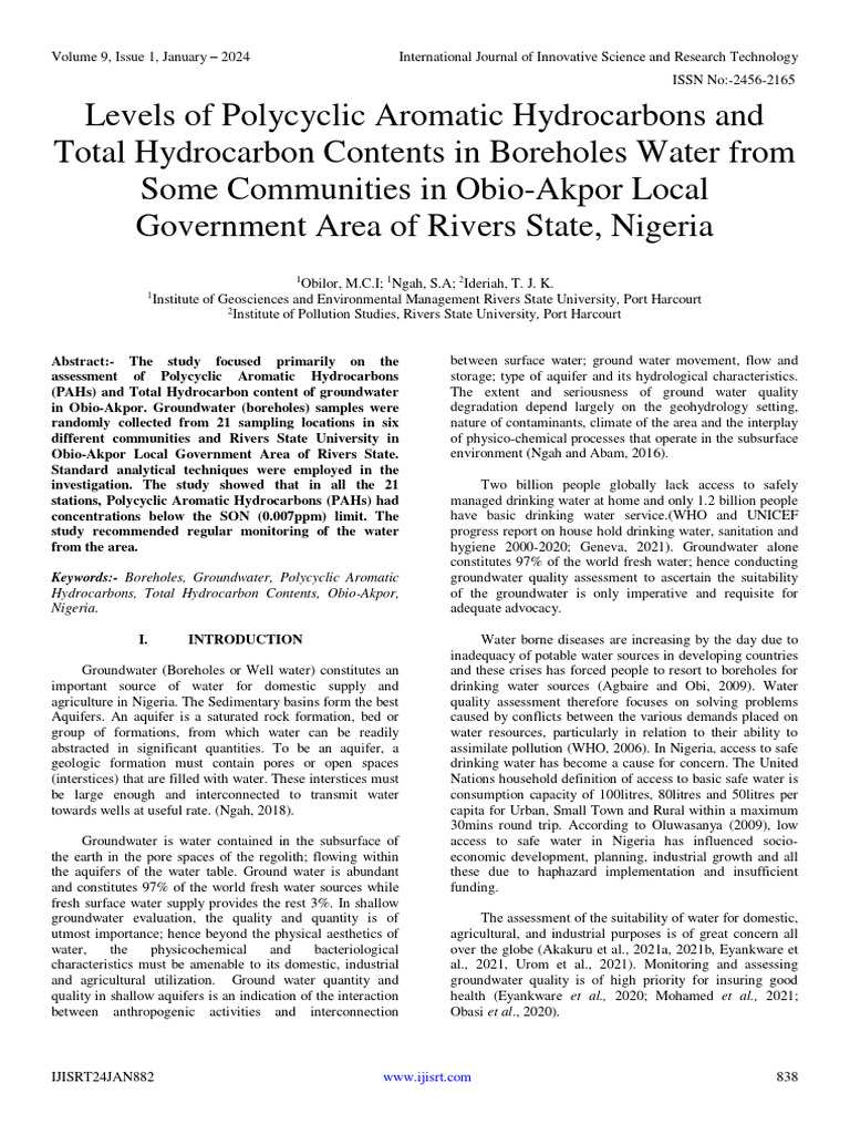 Levels of Polycyclic Aromatic Hydrocarbons and Total Hydrocarbon Contents in Boreholes Water ...