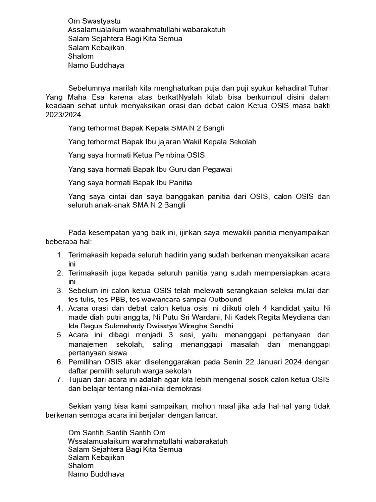 Sambutan Acara Debat Calon OSIS | PDF