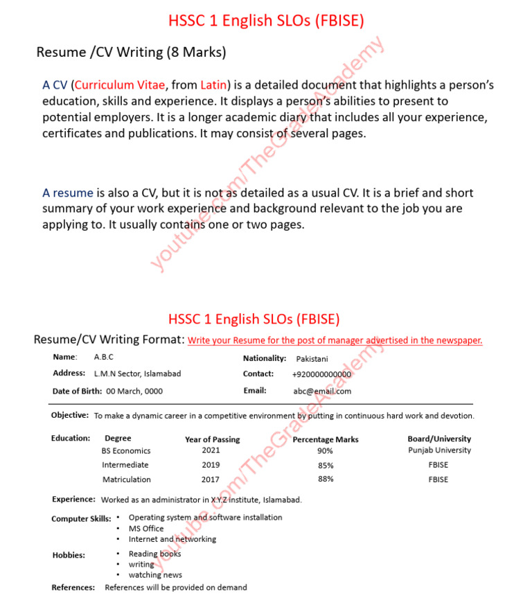 CV Writing Guide for Class 11 Students | PDF