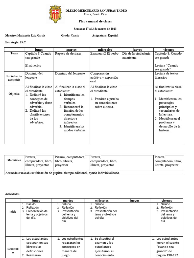 Plan Semanal de Español 4º Grado | PDF | Adverbio | Evaluación
