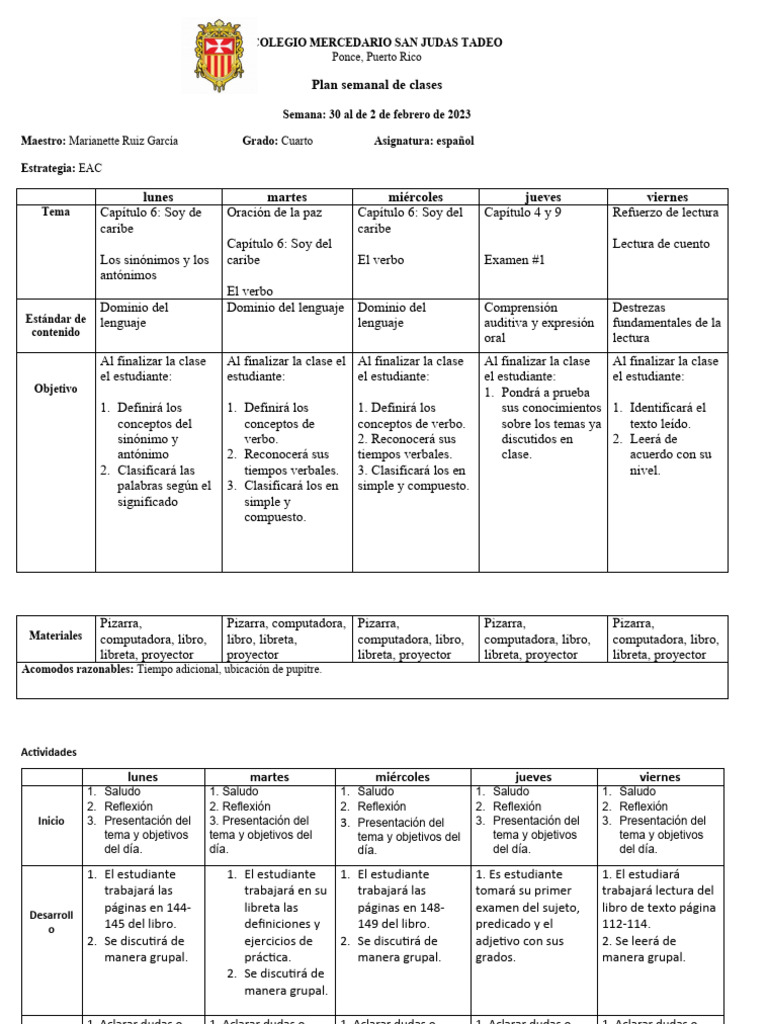 Plan Semanal Clases Español Cuarto Grado | PDF | Ciencia cognitiva ...