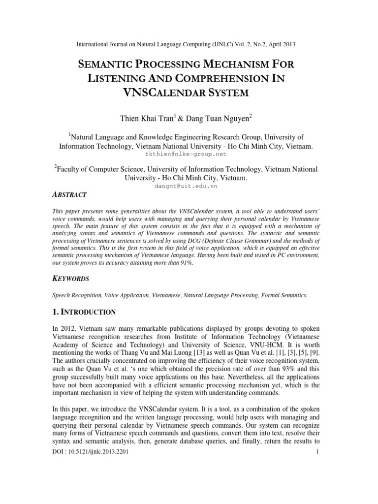 Semantic Processing Mechanism For Listening and Comprehension in VNScalendar System | PDF