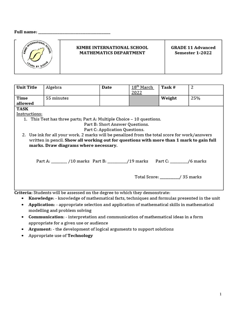 Grade 11 Adv - Test 1 - Algebra - Sem 1 2022 | PDF | Multiple Choice ...