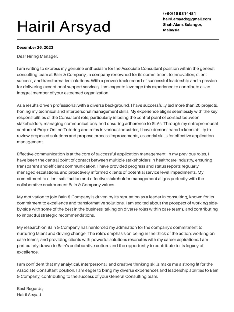 Cover Letter for Bain Associate Consultant | PDF | Leadership | Motivation