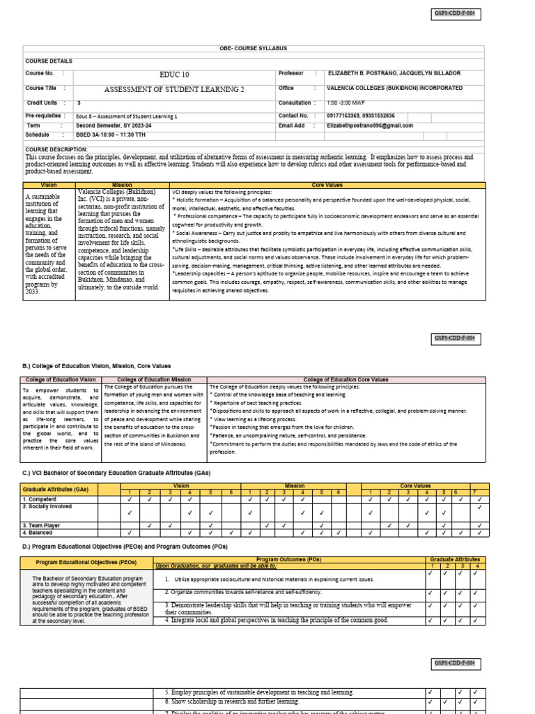 Sample Obe Syllabus Bsed | Download Free PDF | Educational Assessment ...