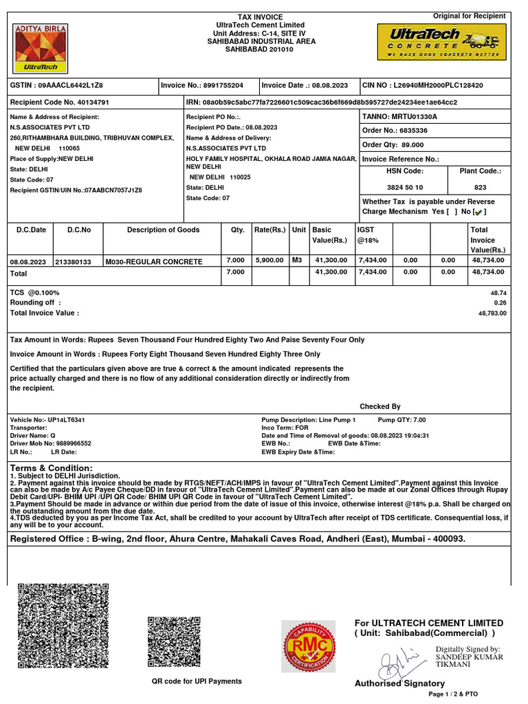 Bill Sample of Cement | PDF | Payments | Concrete