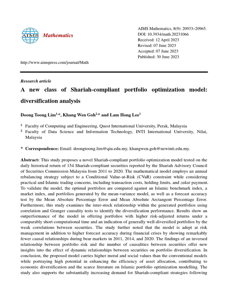 A New Class of Shariah-Compliant Portfolio Optimization Model | PDF | Capital Asset Pricing ...