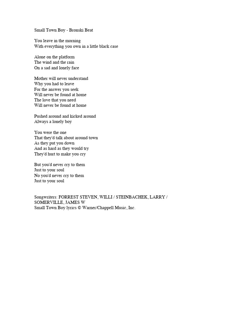 Small Town Boy Bronski Beat Lyrics | PDF