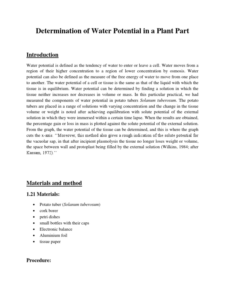 Water Potential in Potato Tubers | PDF | Concentration | Molar ...