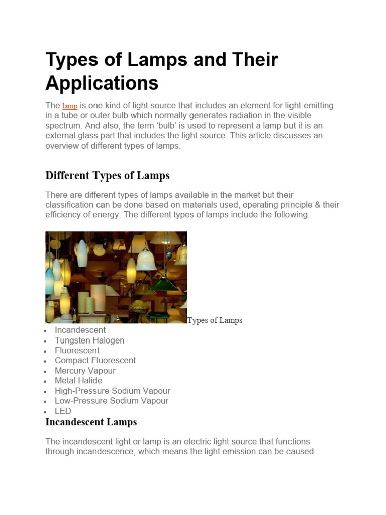 Types of Lamps and Their Applications | PDF | Incandescent Light Bulb ...