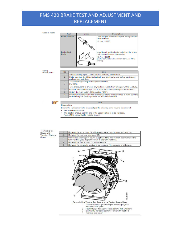 Schindler PMS420 Brake Adjustment, Test and Replacement | PDF