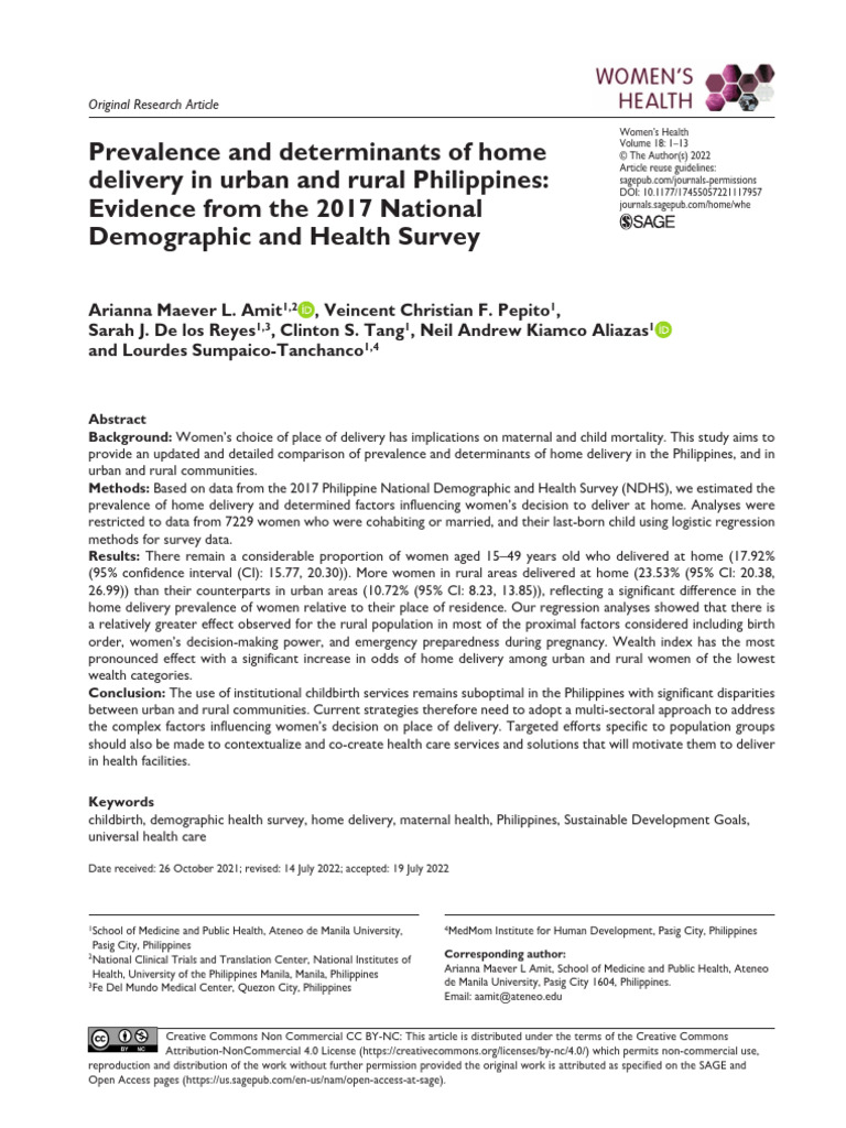 Prevalence and Determinants of Home Delivery in Urban and Rural ...