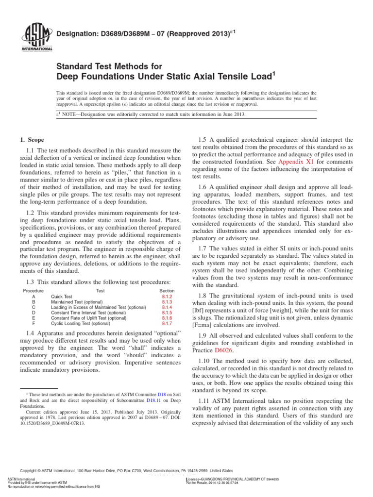 ASTM D3689-2007 (2013) E1 Tensile | PDF | Deep Foundation | Beam ...