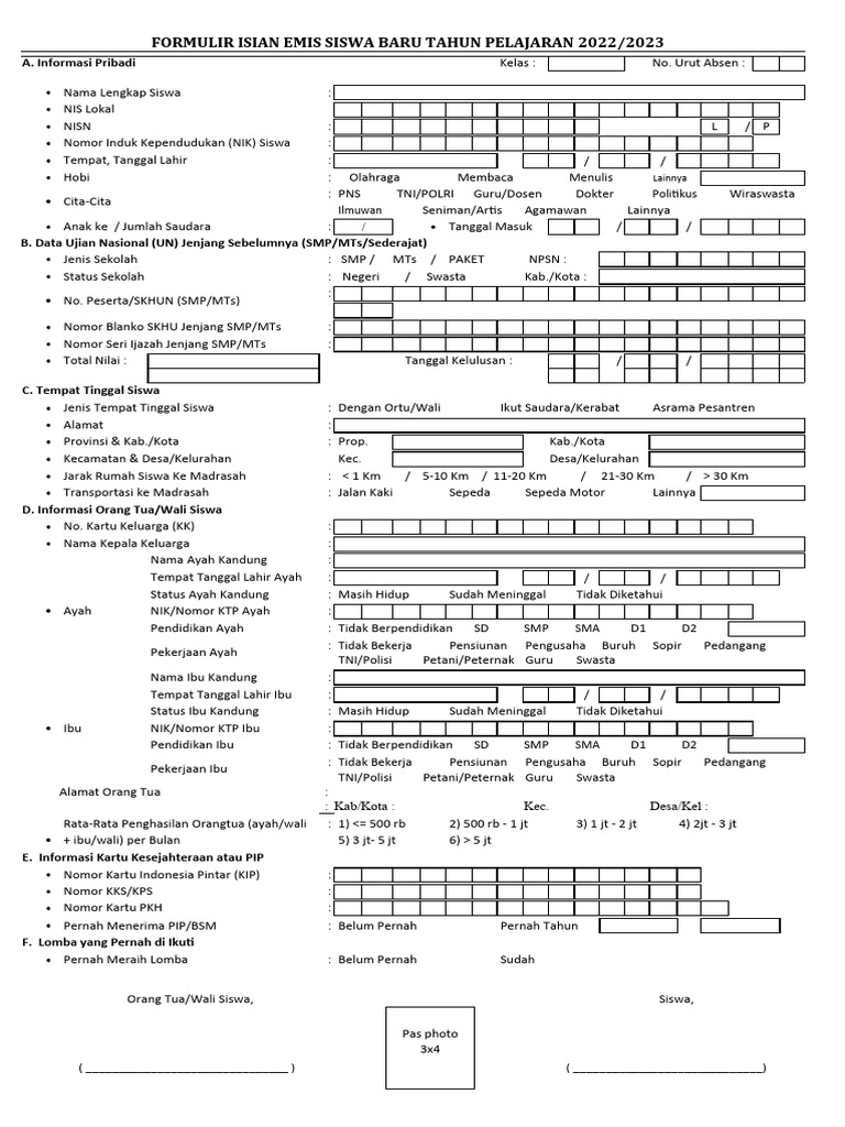 Formulir Isian Siswa Emis | PDF