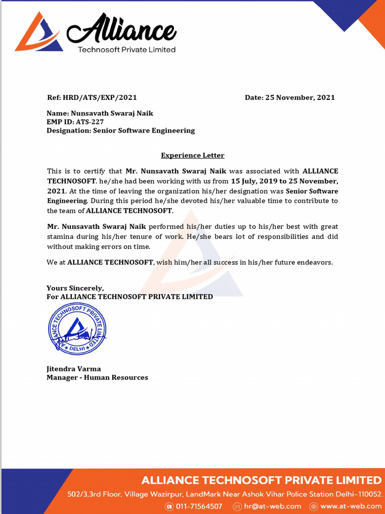 Alliance TechnoSoft Experience Letter | PDF