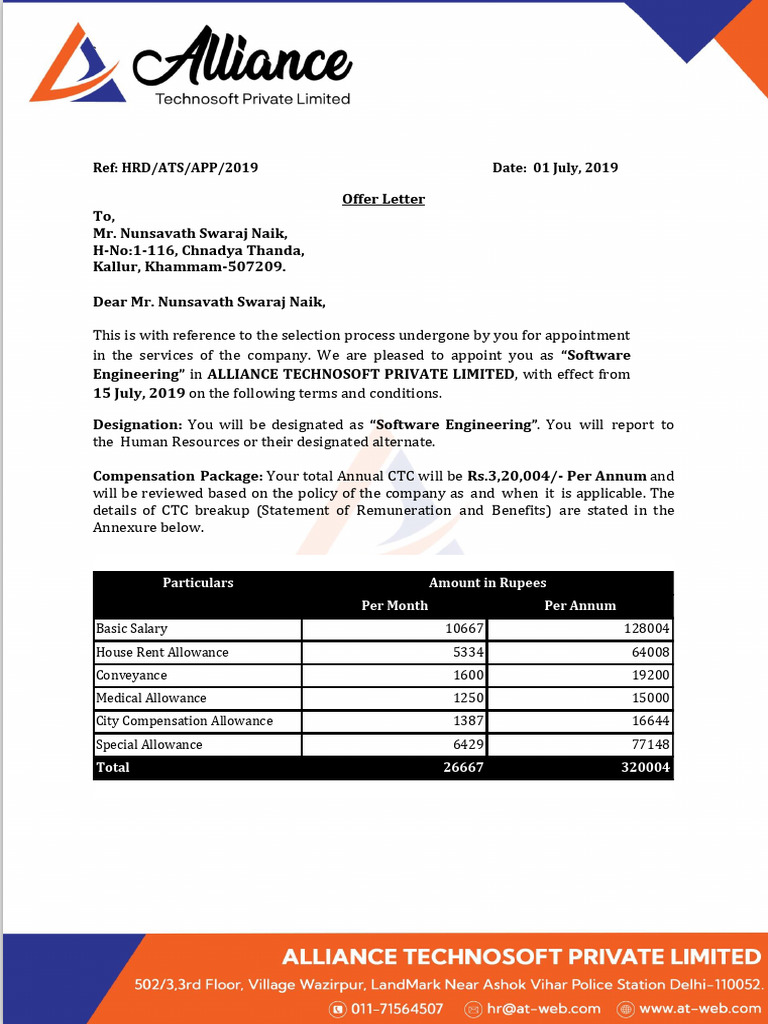 Alliance TechnoSoft Offer Letter | PDF