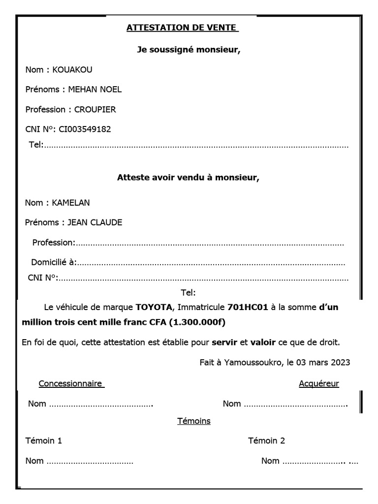 Attestation de Vente | PDF