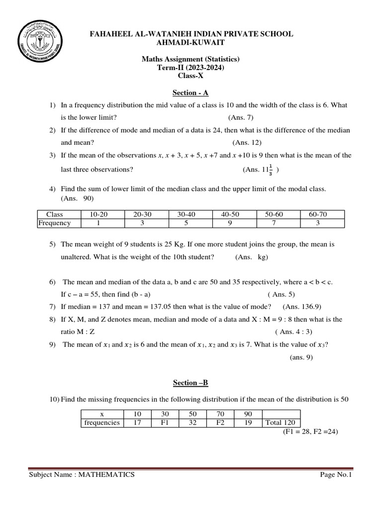 Maths Assignment Statistics 2023-24 | PDF