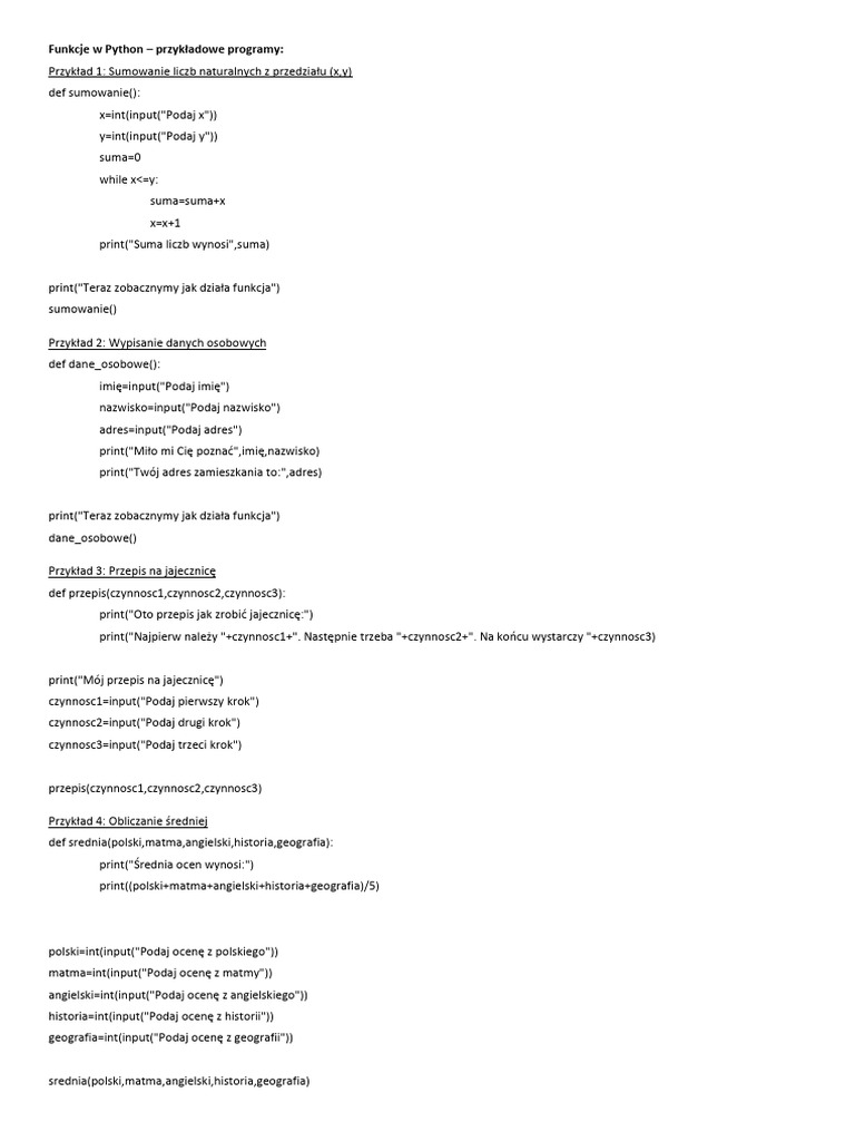 Funkcje W Python - Przykładowe Programy | PDF
