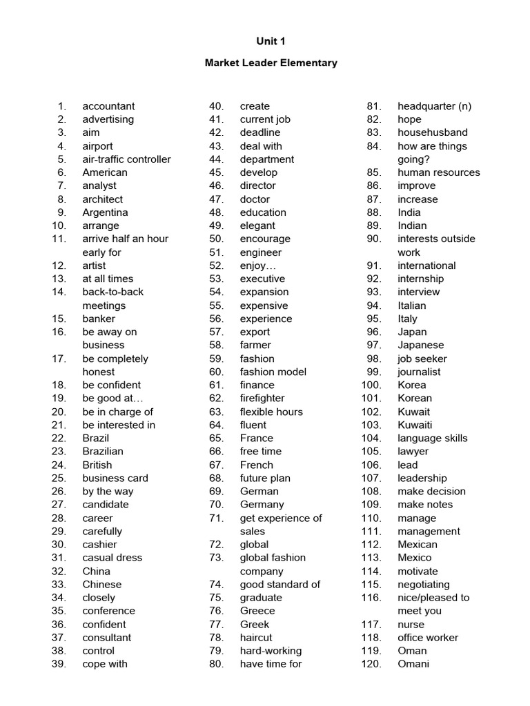 Vocab U 1 Market - Leader - Elem | PDF