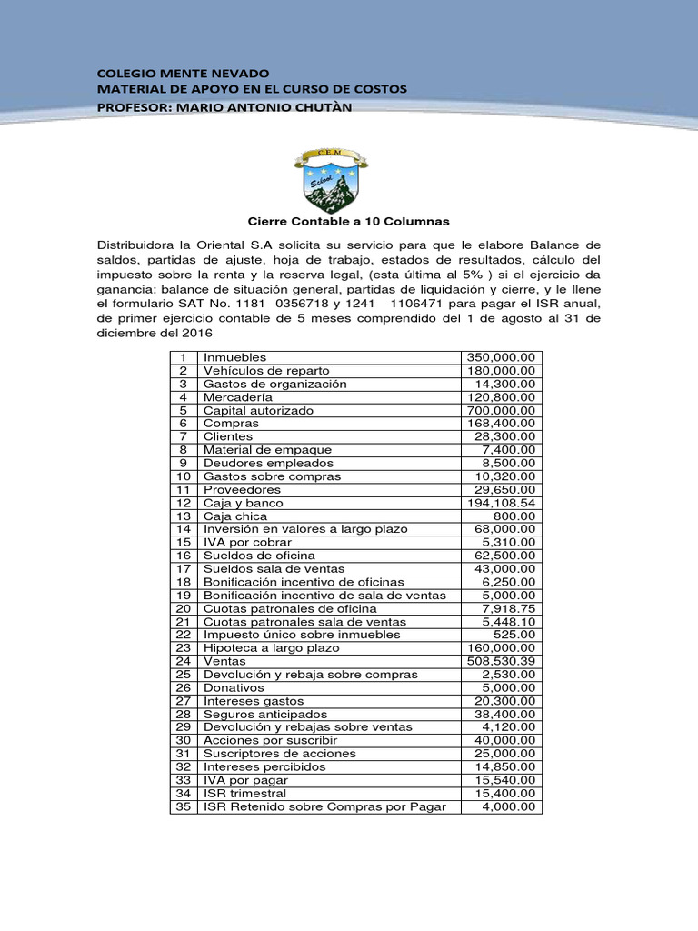 Hoja de Costos Cuarta Unidad Primera Semana | PDF | Impuesto sobre la renta | Contabilidad