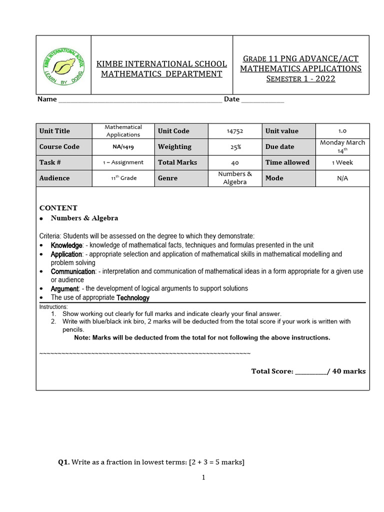 GR 11 Mathematics Applications Assignment1 Sem1.2022 | PDF | Mathematics