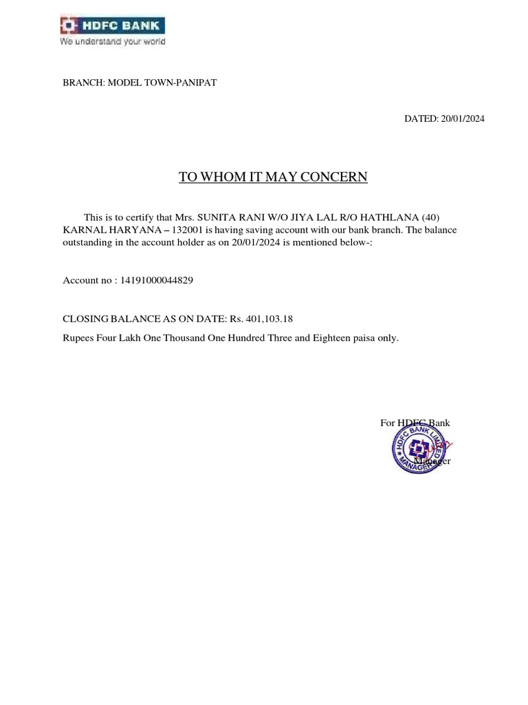 Balance Certificate of Sunita Rani HDFC UPDT | PDF