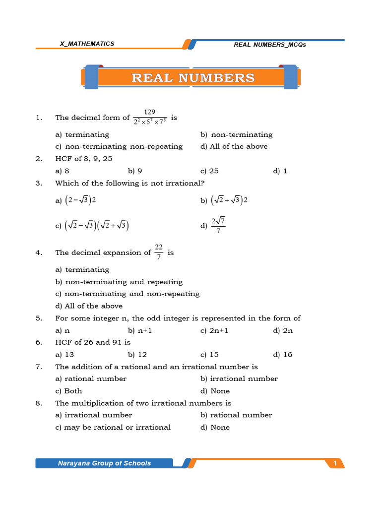01 - REAL NUMBERS - MCQs | Download Free PDF | Numbers | Rational Number