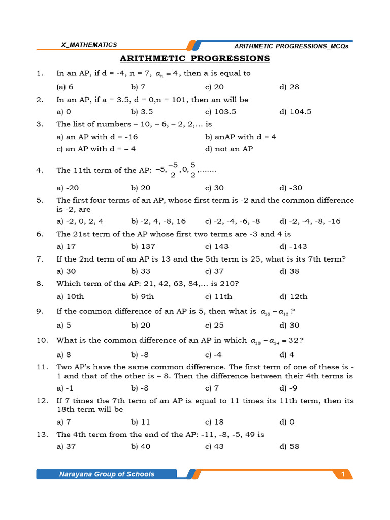 03 - ARITHMETIC PROGRESSIONS - MCQs | PDF | Mathematics | Arithmetic